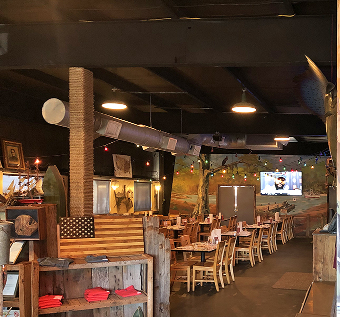 The dining room feels like a fisherman's cabin that grew up and got civilized, but kept all its rustic charm and stories.