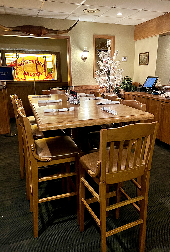 The Longhorn Saloon area offers high-top seating and western flair. Where cowboys would feel at home, if cowboys wore Hawaiian shirts and flip-flops.