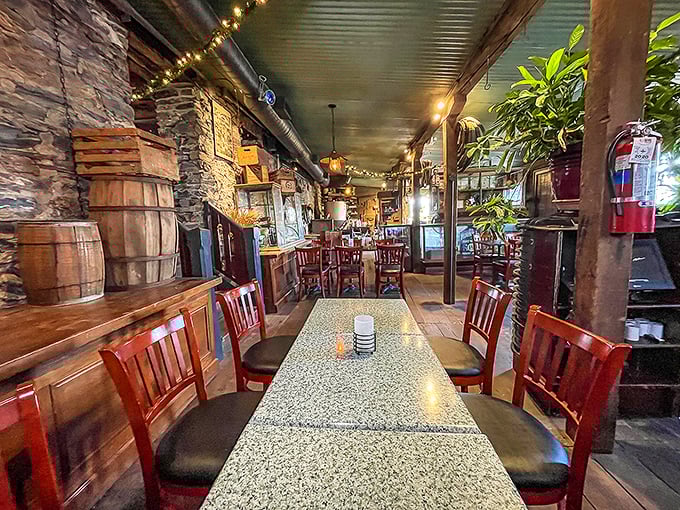 Long tables and exposed stone walls create the perfect gathering spot for modern revelers in a space that's witnessed centuries of Pennsylvania celebrations. 