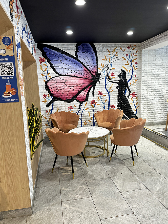The butterfly mural and petal-shaped chairs create an Instagram-worthy corner that's as pleasing to the eyes as their dumplings are to the palate.