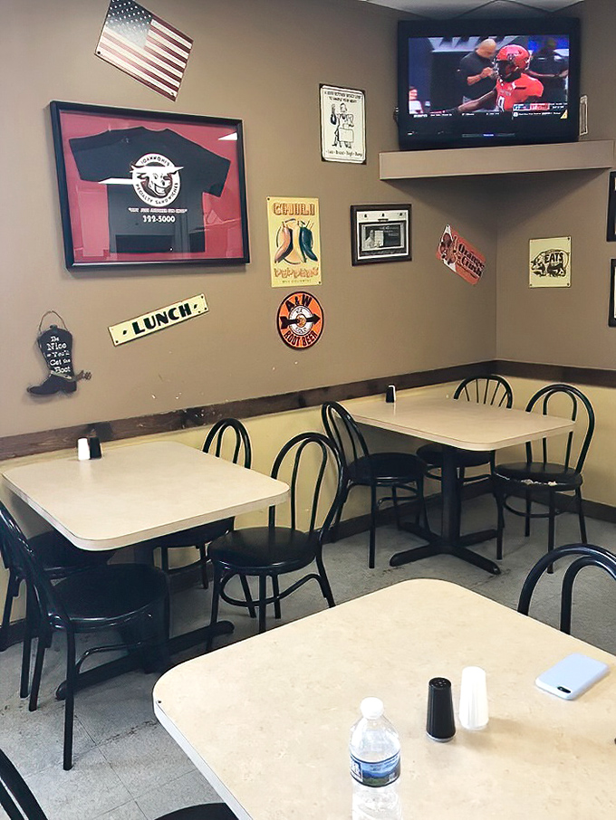 The wall decorations tell stories of local pride, sports allegiances, and a business that's woven itself into community fabric.