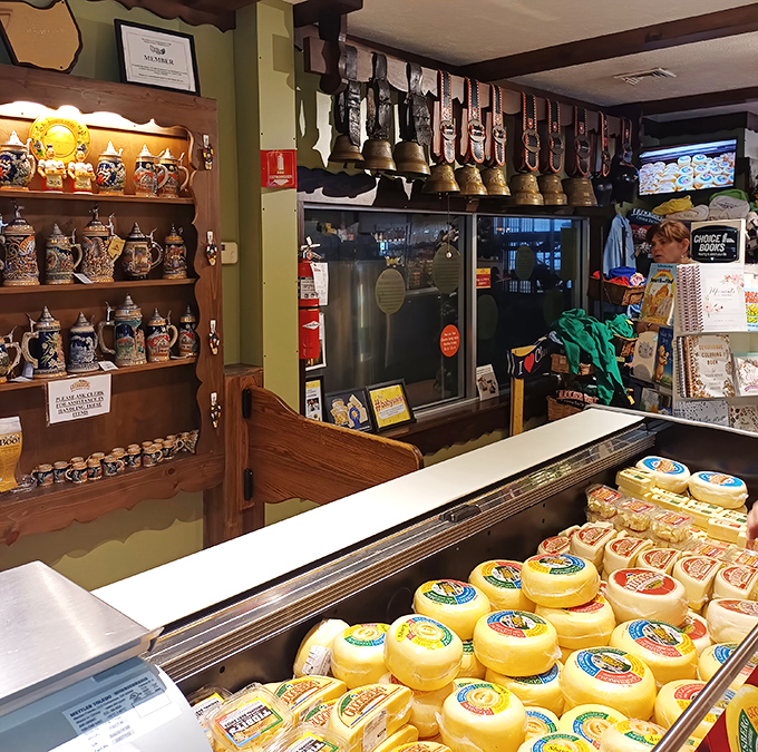 Traditional Swiss cowbells hang above cheese displays&mdash;a musical reminder that great dairy products begin with happy cows and dedicated craftspeople.