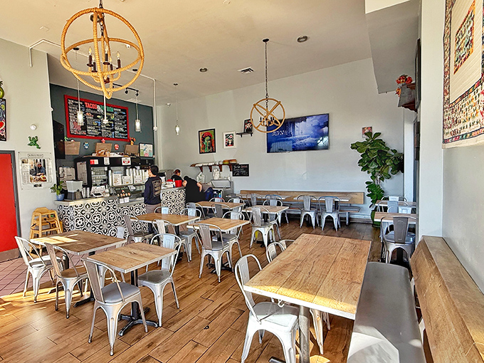 The dining room feels like Mexico City meets San Francisco hipster haven&mdash;spacious yet intimate, with those distinctive pendant lights casting a warm glow.