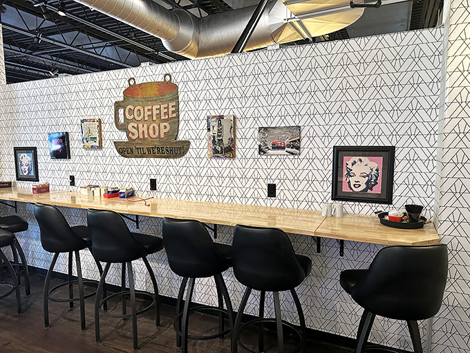 Retro meets modern in this coffee corner. The "Open Till Whenever" sign speaks to my commitment-phobic soul.