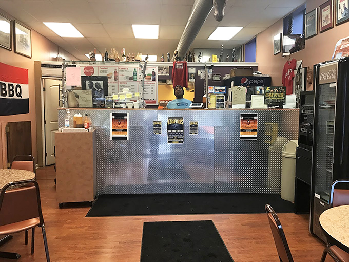 The metal-fronted counter separates you from barbecue bliss for only moments. Like waiting at heaven's gate, but with better aromas.