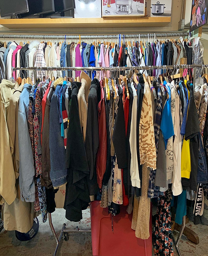 The clothing racks tell fashion stories spanning decades&mdash;leopard print peacefully coexisting with denim, florals, and that jacket you've been hunting for.