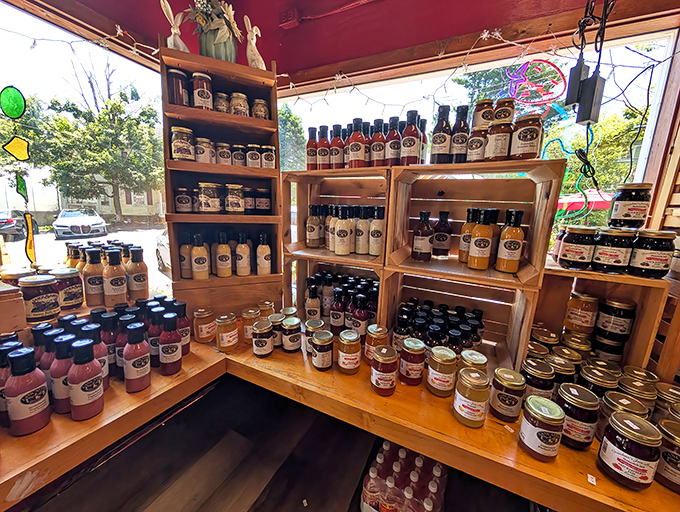 The jam and preserve section looks like what would happen if your grandmother got unlimited funding for her pantry dreams.
