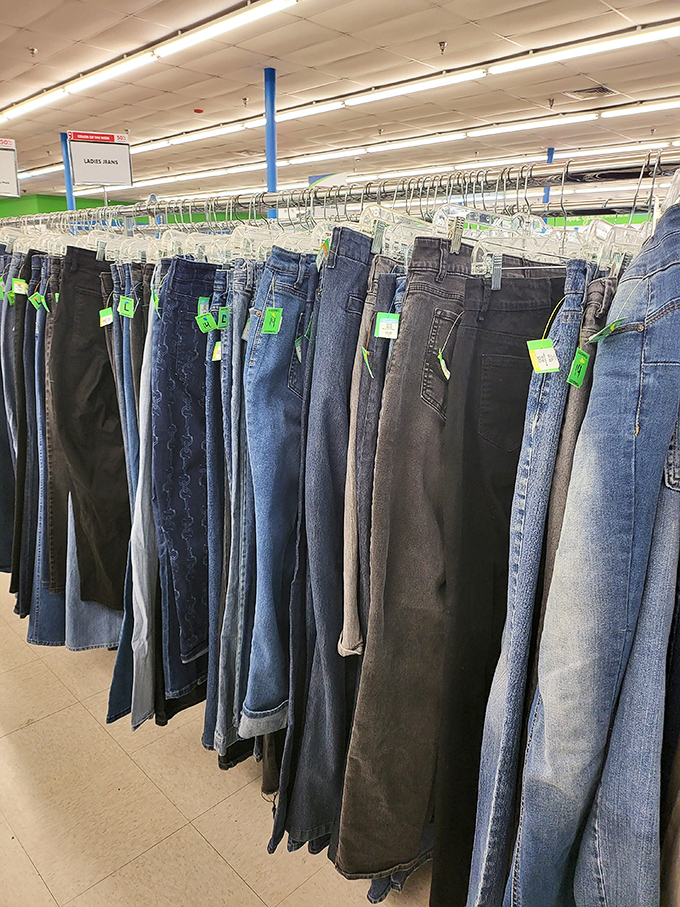 Denim democracy in action &ndash; every size, style, and wash hanging in perfect formation, just waiting for their next pair of legs.