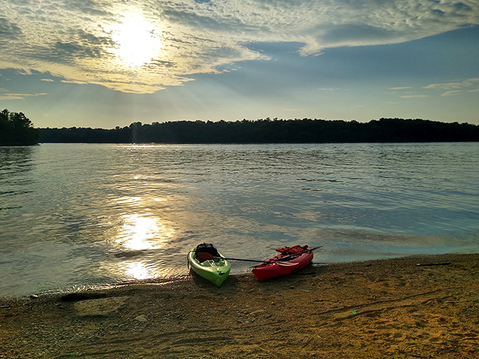 Sunset transforms East Fork into a watercolor masterpiece, with kayaks waiting patiently for one last twilight paddle.