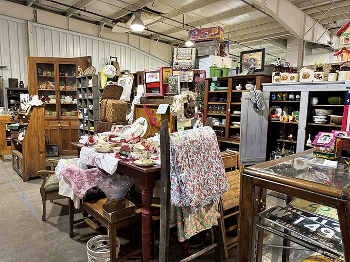 Domestic time travel at its finest. This dining display invites you to imagine Sunday dinners past, with quilts and tableware that have served countless family gatherings.