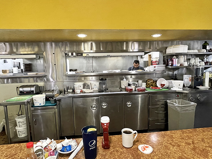 The kitchen's stainless steel heart beats steadily, where breakfast dreams materialize amid the controlled chaos of the morning rush.