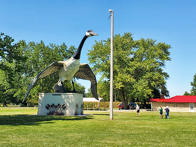 The statue's concrete base houses a small utility room. Practical infrastructure supporting magnificent art&mdash;a metaphor for small-town America itself.