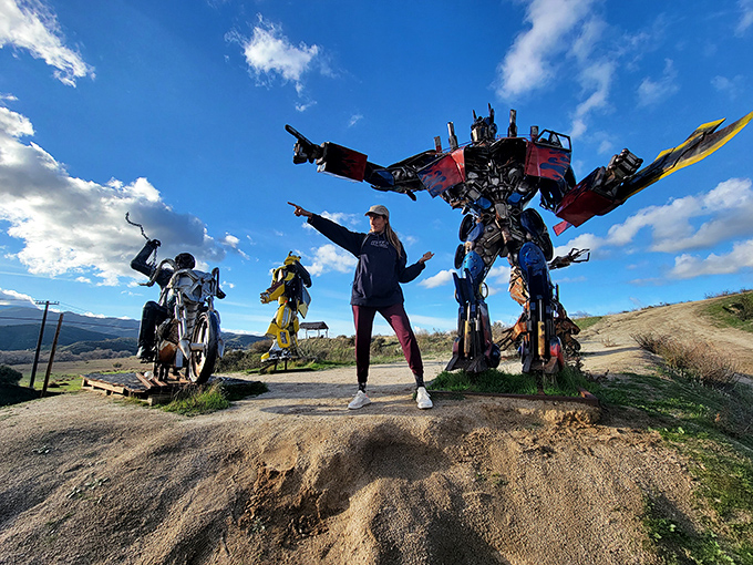 Where fantasy meets desert reality. These towering robot sculptures offer a surprising sci-fi twist among the otherwise prehistoric metal menagerie.