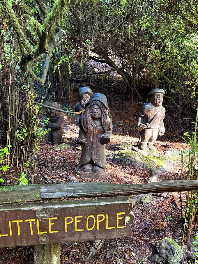 The "Little People" trail sculptures offer a whimsical forest encounter that feels like stumbling into a fairy tale with a Pacific Northwest twist.