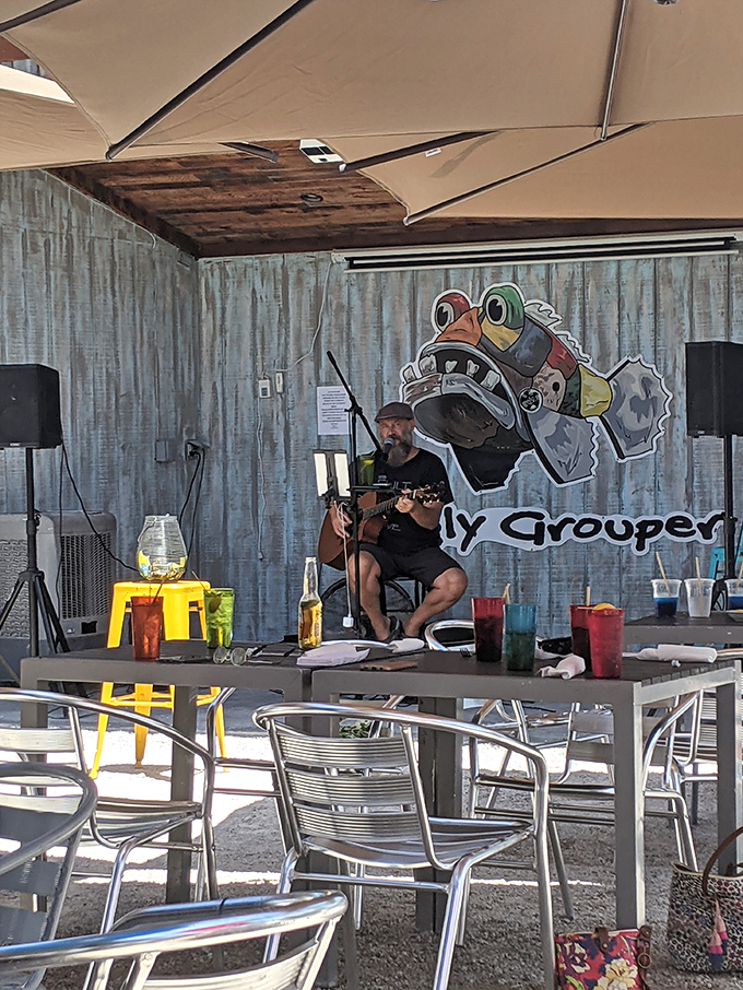 Live music under the corrugated roof creates that perfect island soundtrack while you contemplate a second helping of grouper.