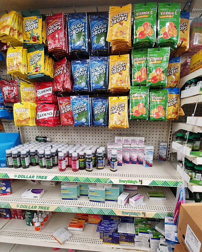 The medicine aisle: where relief comes without requiring a second mortgage. Cold season meets its affordable match in this colorful display.