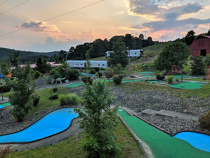 Sunset casts a golden glow over this charming mini-golf course, where retirement means having time for the important things&mdash;like perfecting your putt.