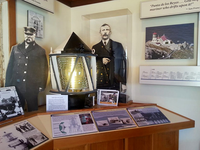 History preserved behind glass &ndash; lighthouse keepers from another era stand watch over the magnificent Fresnel lens they once maintained.