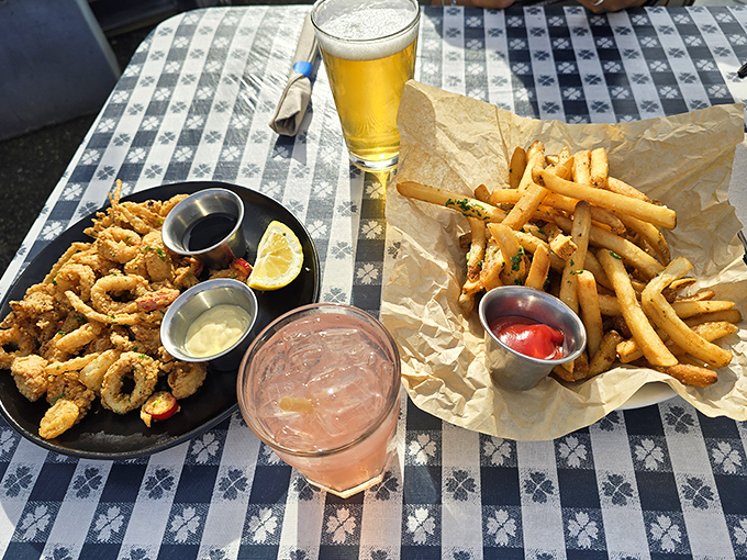 Crispy calamari, golden fries, and refreshing drinks&mdash;the holy trinity of waterfront dining presented with the casual elegance that defines California cuisine.