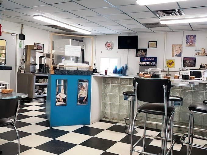 The checkered floor and turquoise accents aren't retro by design&mdash;they're authentic survivors from when diners were America's living rooms.