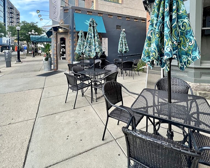 The outdoor seating area isn't just tables and chairs&mdash;it's your front-row ticket to people-watching on Main Street with a gyro in hand.