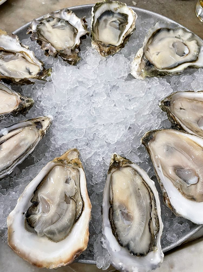 Oysters arranged like pearls on ice &ndash; each one a briny love letter from the Pacific Ocean.
