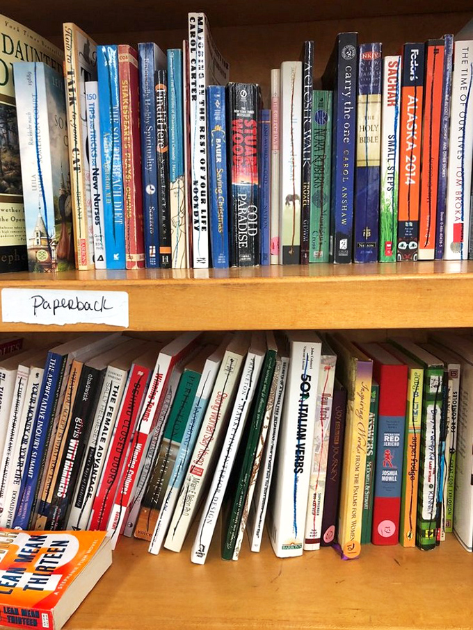 The paperback section &ndash; where dog-eared novels find new readers. These pages have traveled through many hands before reaching yours. 