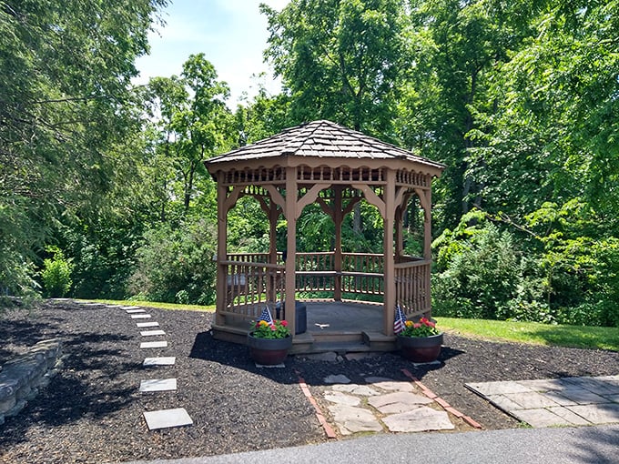A peaceful gazebo offers a moment of above-ground tranquility. After cave exploring, even simple sunlight feels like an exotic luxury worth savoring.