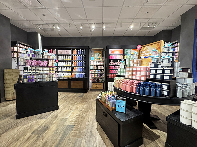 Bath and body products arranged like a fragrant rainbow&mdash;because nothing says "successful shopping trip" like smelling fantastic while carrying discount designer bags.