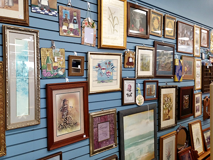 A gallery wall that puts some museums to shame. Each frame holds not just art, but the ghosts of living rooms past.
