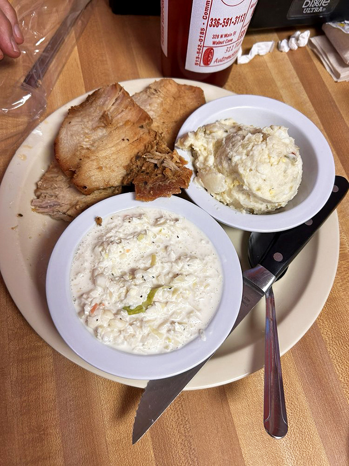 Pork loin that surrenders to your fork, accompanied by green beans and pasta salad that aren't mere sides but worthy companions.