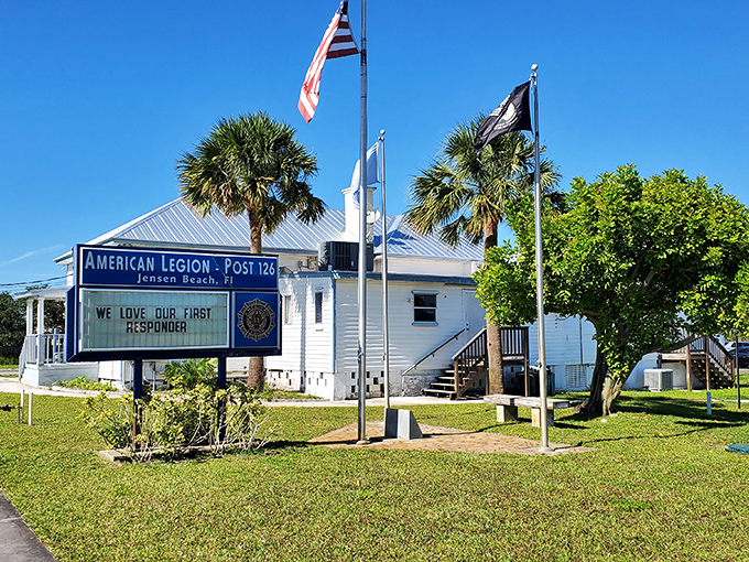 Small-town patriotism with palm tree flair. The American Legion post stands as a reminder that community spirit thrives in paradise too.