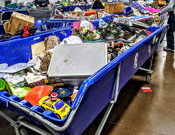 A bin brimming with possibility&mdash;holiday decorations, kitchen gadgets, and toys waiting for their second chance at usefulness.