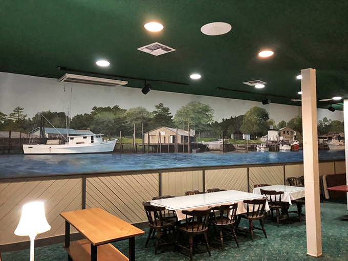 The coastal mural transports you waterside while keeping your feet firmly planted in comfort food paradise.