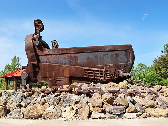 Weathered by decades of Ohio seasons, the bucket's rusted exterior tells a story of time's passage that no museum display could capture.