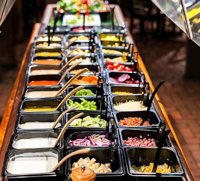 The salad bar stretches like an edible art installation. Even confirmed carnivores might detour here before their steak arrives.