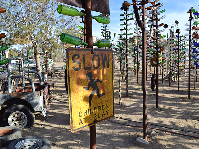 This vintage motorcycle has traded highway adventures for a permanent spot in this desert art installation paradise.