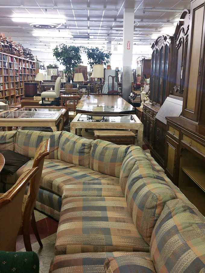 That plaid sectional has seen things &ndash; probably the entire run of "Dallas" and countless TV dinners. It's practically Americana on cushions.