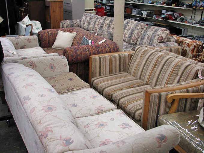 The sofa section: where floral patterns from yesteryear compete for your attention. That white sectional is practically begging for a Netflix marathon.