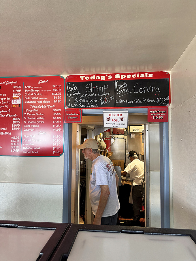A peek into the kitchen where seafood magic happens. Today's specials board promises treasures from the deep that weren't swimming long ago.