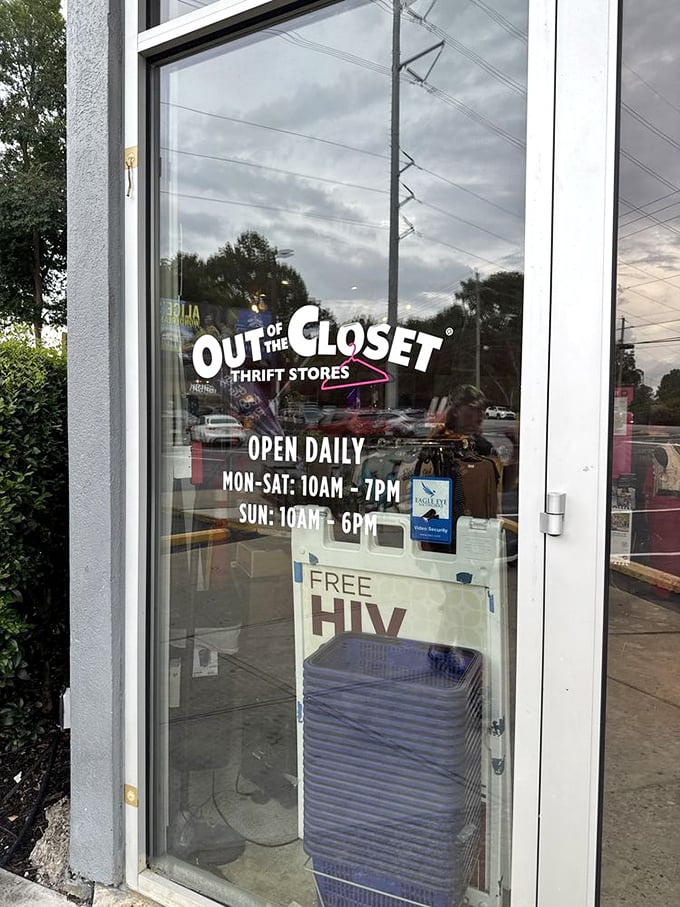 Store hours posted clearly on the front door, alongside a reminder of the free HIV testing services that make this shop truly unique.
