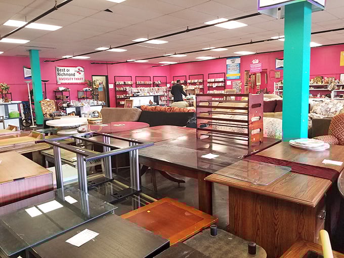 Dining tables of every era stand ready for their next family gathering. Mid-century modern meets contemporary in this furniture melting pot.