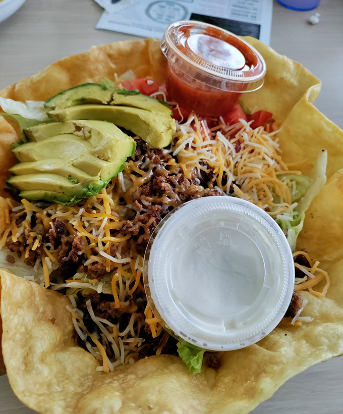 A taco salad bowl that broke free from Taco Tuesday to brighten any day of the week. Avocado slices like green crescents of joy.