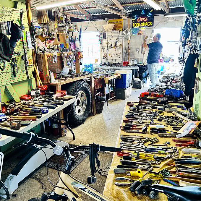 Tool paradise for the handy and hopeful alike. That perfect wrench your grandfather swore by? It's probably waiting on one of these tables.