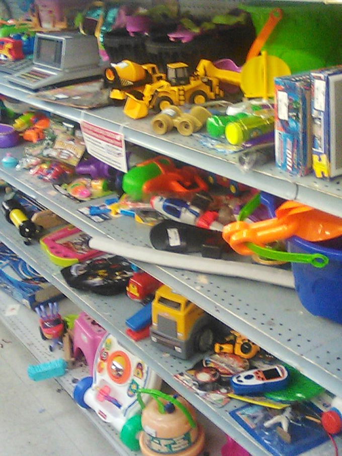 The toy section: where childhood memories are recycled and reborn. Those construction vehicles are ready for their next sandbox adventure.