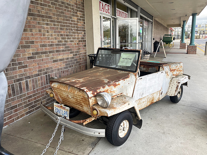 This rusty chariot isn't waiting for a prince&mdash;it's guarding the entrance like a time-worn sentinel of adventures past.