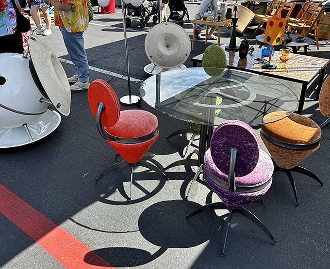 The committee for unusually colorful seating is now in session. These funky chairs would make even the most serious dinner party guests smile.
