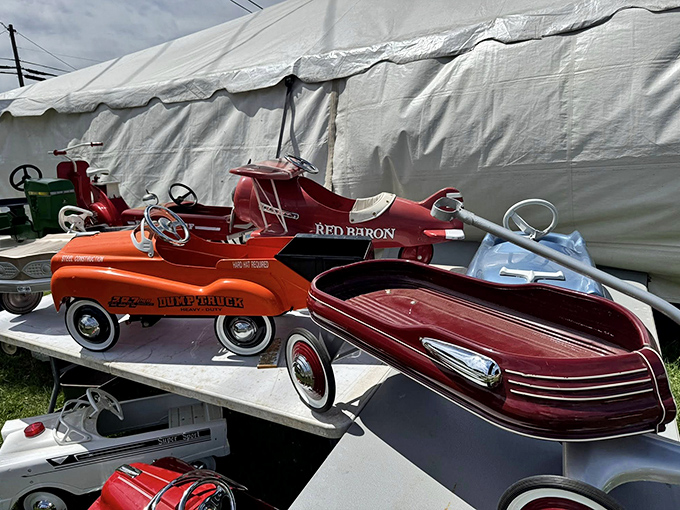 Childhood dreams in miniature. These vintage pedal cars represent an era when "horsepower" meant how fast your legs could go.