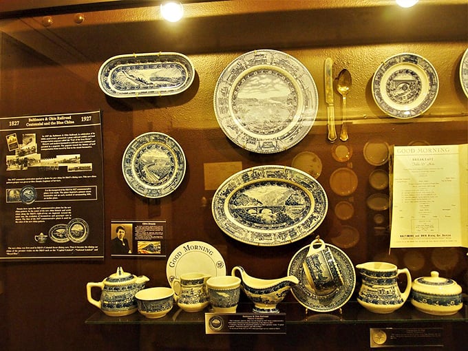 These delicate blue and white dining car china pieces tell stories of elegant meals served while America's landscape rolled past the windows.