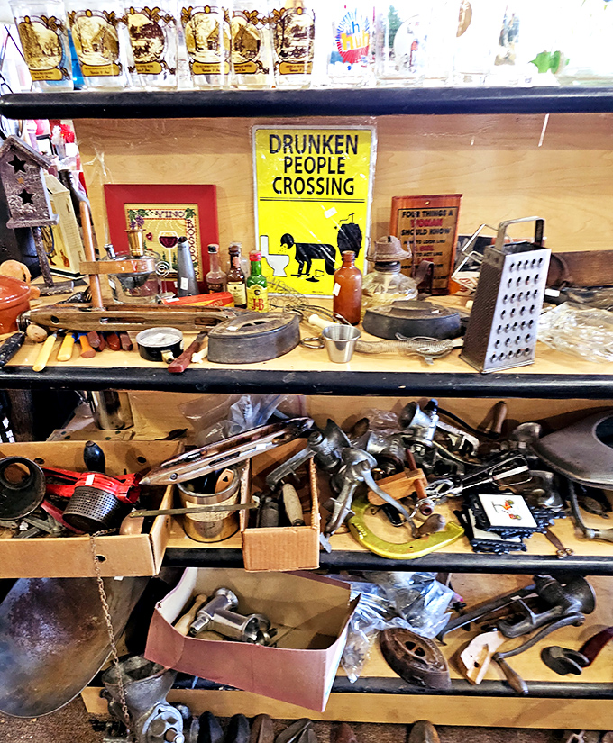 Drunken People Crossing warns the sign, surrounded by kitchen tools that have survived decades of use. History you can hold.